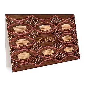 Piggies Thank You Cards, Box of 6 – Rustic Walnut Background with Birch Wood Pigs & Pink Wreaths – Eco-Friendly Premium Paper, Blank Inside, Envelopes Included – Made in USA Small Business