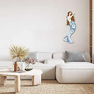 Bownew Resin Ocean Theme Wall Decor Hanging Coastal and Beach Style Wall Decorations for Bathroom Living Room and Outdoor Area, Mermaid