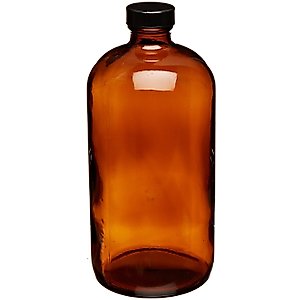 JG Finneran D0161-32 Amber Borosilicate Glass Standard Boston Round Bottle with Black Phenolic Closure, PE Cone Lined, 33-400mm Cap Size, 32oz Capacity (Pack of 12)