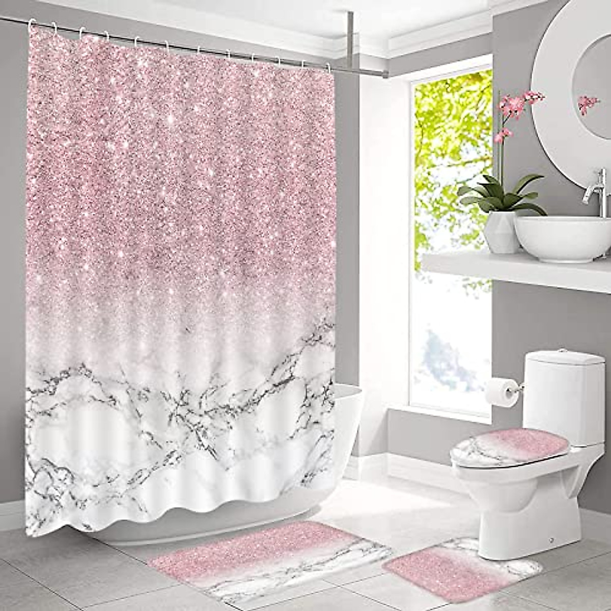 juwute 4 Pcs Pink Shower Curtain Set Marble Bathroom Shower Curtain Sets with Rugs and Accessories,Shiny Toilet Lid Cover Bath Mat and Flash Contour Mat Sets,12 Hooks,Polyester,Waterproof
