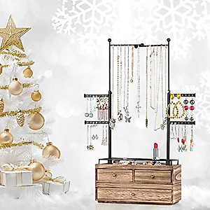 Jewelry Organizer - 2 Layer Wooden Jewelry Drawer Storage Box with 6 Tier Jewelry Tree Stand, Jewelry Display for Necklaces Bracelet Earring Ring (Carbonized Black)