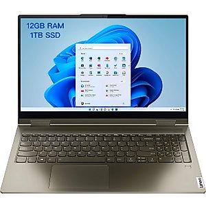 LENOVO Newest Yoga 7i 15.6" FHD Touchscreen 2-in-1 Laptop, Intel 4-Core i7-1165G7, Iris Xe Graphics, 12GB DDR4 2TB SSD, WiFi 6, Backlit Keyboard, Fingerprint, Windows 11 Home