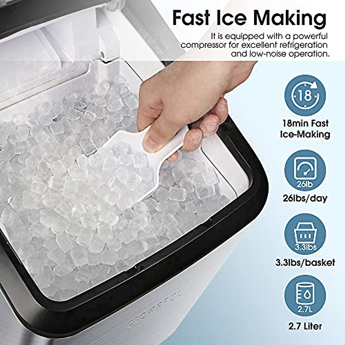 CROWNFUL Nugget Ice Maker Countertop, Makes 26lbs Crunchy ice in 24H, 3lbs Basket at a time, Portable Self-Cleaning Pebble Ice Machine, with Scoop and Basket for Home/Kitchen/Office/Bar