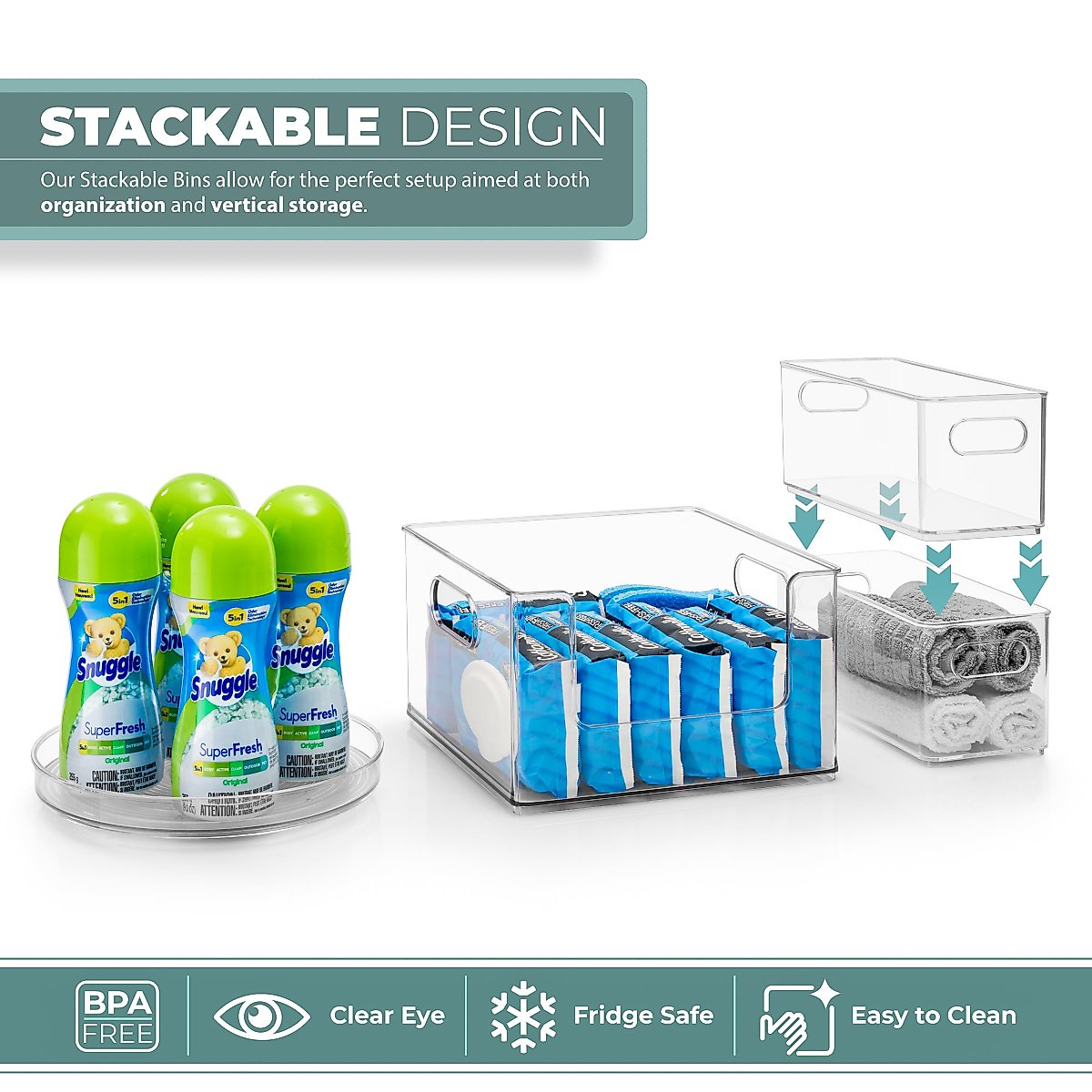 Sorbus Laundry Organizer Set, Large Stackable Bin Open Front, 2 Narrow Stackable Storage Bins, 1 Lazy Susan Organizer, - Clear Organizer Bins for Laundry Organization and Storage (Set of 4)