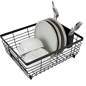 Kitchen Details Flat Wire Countertop or Over The Sink Dish Drying Rack with Cutlery Basket, Black
