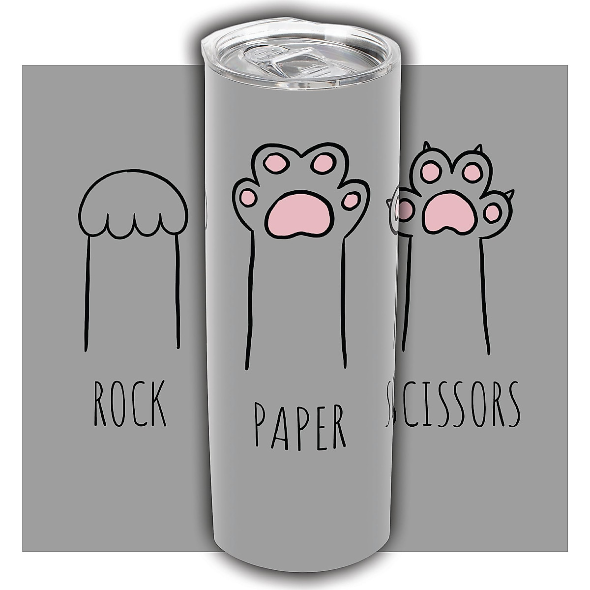 Elanze Designs Rock Paper Scissors Kitty Cat Paw Claws Wrap-Around Design 20 Ounce Stainless Steel On-The-Go Coffee Travel Insulated Skinny Tumbler Mug Cup, Slide Top Lid, MRC-20OZ-SH286