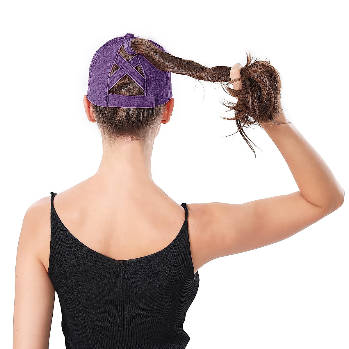 Womens Criss Cross Ponytail Baseball Cap Distressed Ponytail Hat High Messy Bun Ponycap Outdoor Sports Dad Hat Purple