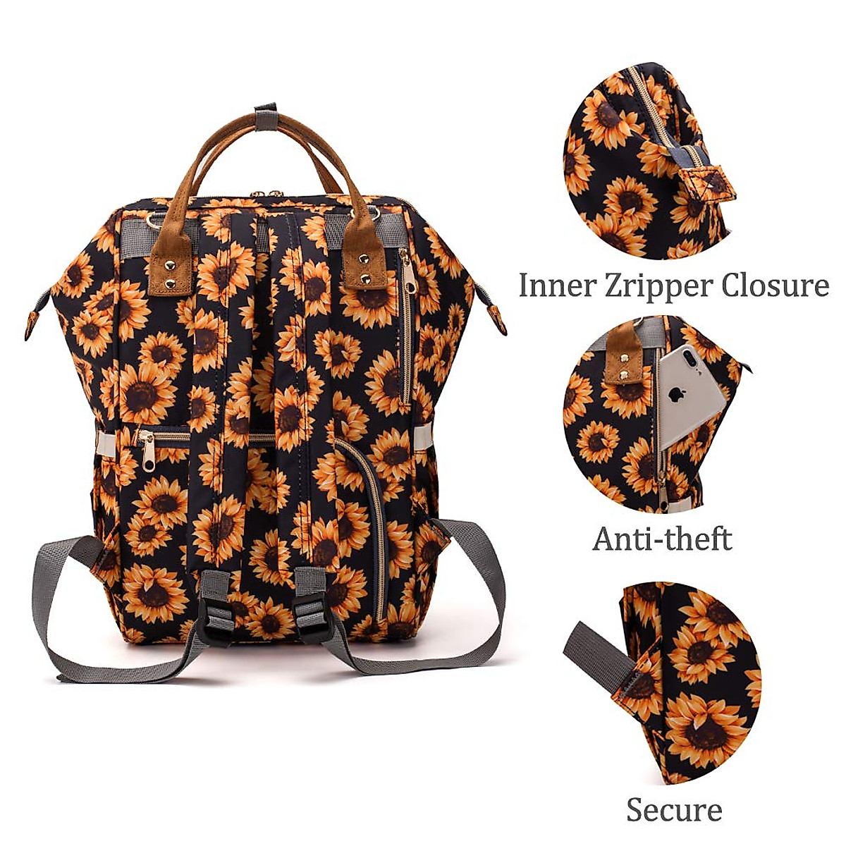 LEQUEEN Diaper Bag Backpack Waterproof Stylish Multifunction Large Capacity Travel Back Pack Maternity Baby Nappy Bags (Flora, Black)