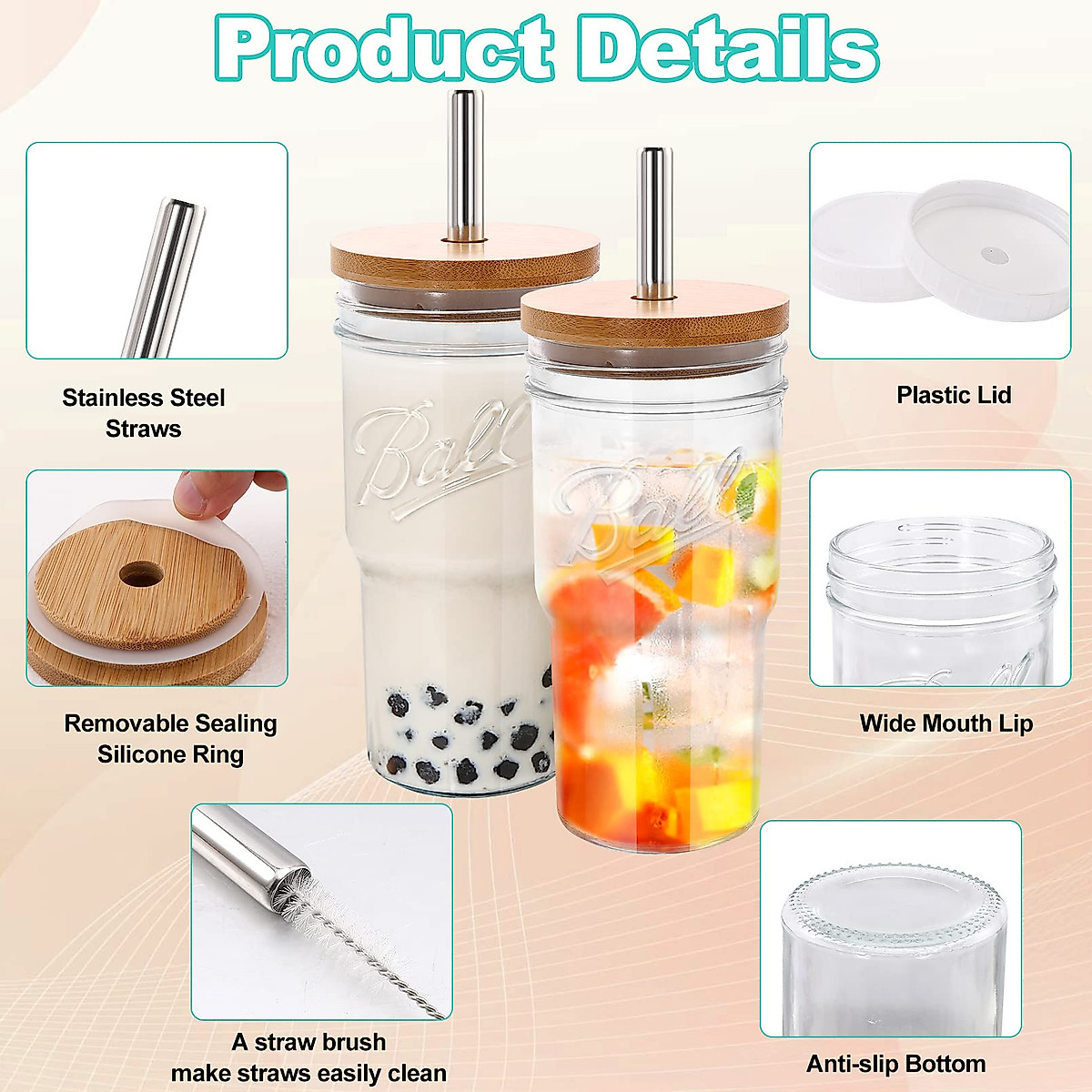 RAIBEATTY 4 Pack Glass Cups,22oz Drinking Glasses with Bamboo Lids Straws & Airtight Lids,Reusable Boba Cup Bubble Tea Cup Glass Tumbler,Iced Coffee Glasses,Wide Mouth Smoothie Cups