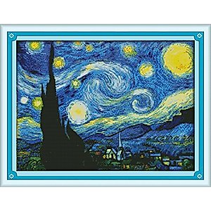 Maydear Cross Stitch Kits Stamped Full Range of Embroidery Starter Kits for Beginners DIY 11CT 3 Strands - Starry Night of Van Gogh 23×18(inch)