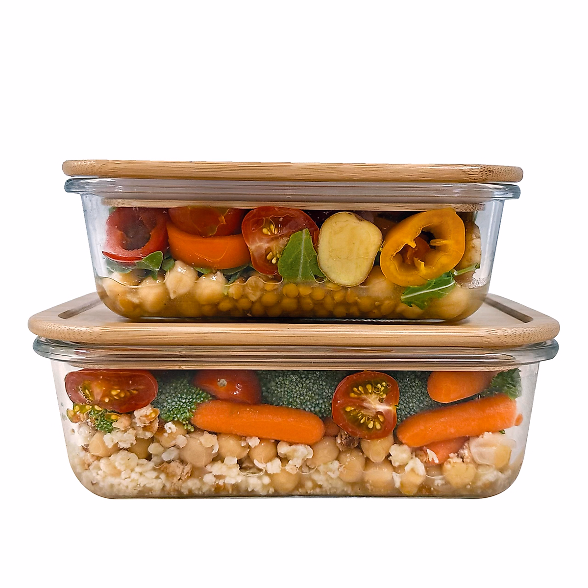 JS Gourmet 2 Pcs Glass Food Storage Containers with Bamboo Cutting Board and Airtight Lid, Ideal for Preparing and Storing Meals, Food, Fruits, Salad and more Ingredients (35oz and 51oz)