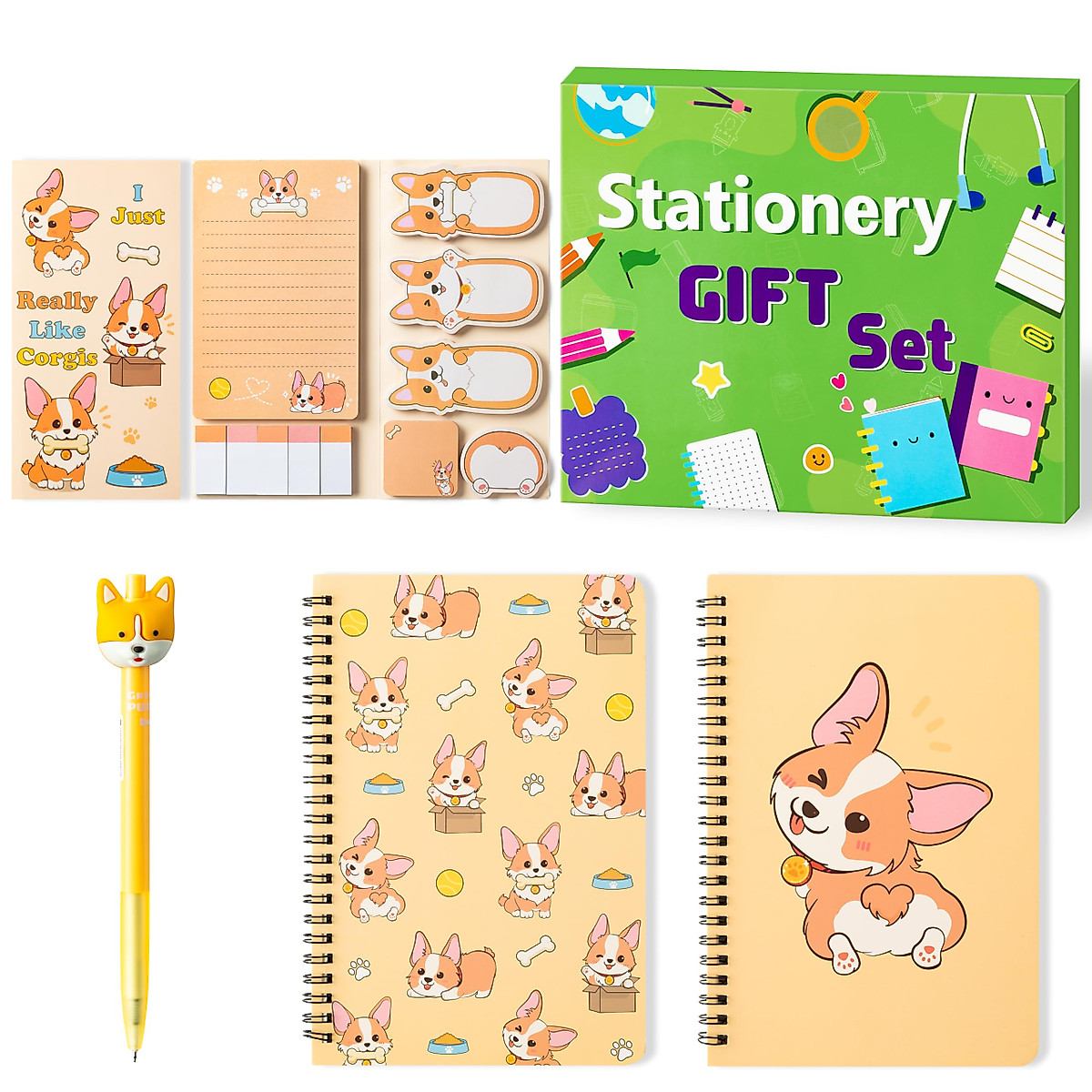 Xqumoi Corgi Sticky Note A5 Notebooks Pen Stationery Set - Corgi Self-Stick Notes Pads 2 Pack Spiral Notebooks Black Gel Ballpoint Pen Back to School Office Supplies Teacher Appreciation Gift with Box