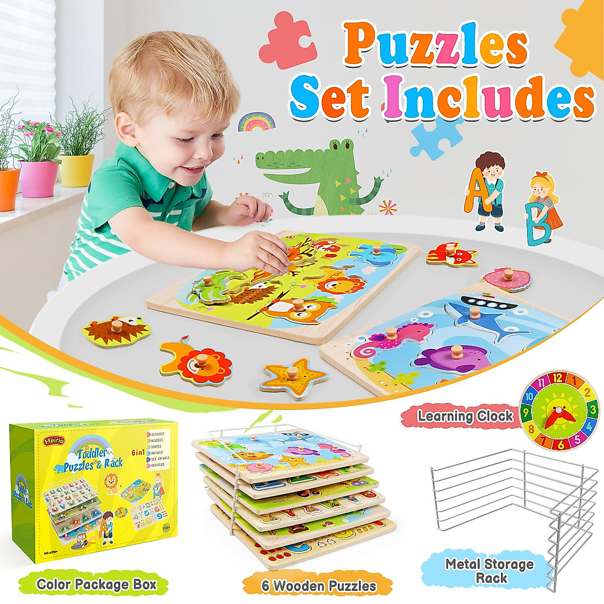 Puzzles for Kids Age 2-4 with Rack and Wooden Clock, 6 Pack Wooden Peg Puzzles for Toddlers with Storage Holder Rack, Educational Toys - Alphabet Number Animal Vehicle Shape
