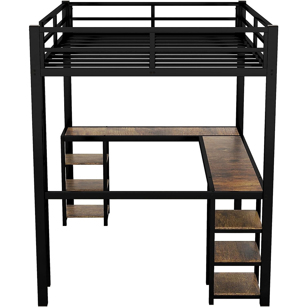 Full Size Loft Bed, Loft Bed with L-Shaped Wooden Desk and Storage Shelves, Metal Loft Bed Frame with Guardrail and Built-in Ladder, for Girls Boys Junior Adults, Space-Saving Design, Black and Brown