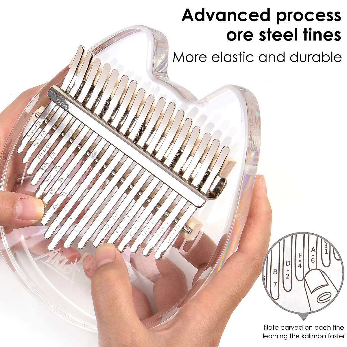 Kalimba Thumb Piano, AKLOT 17 Keys Transparent Acrylic Cat Note Carved Starter Finger Piano with Kalimba Case Tune Hammer Study Booklet Stickers