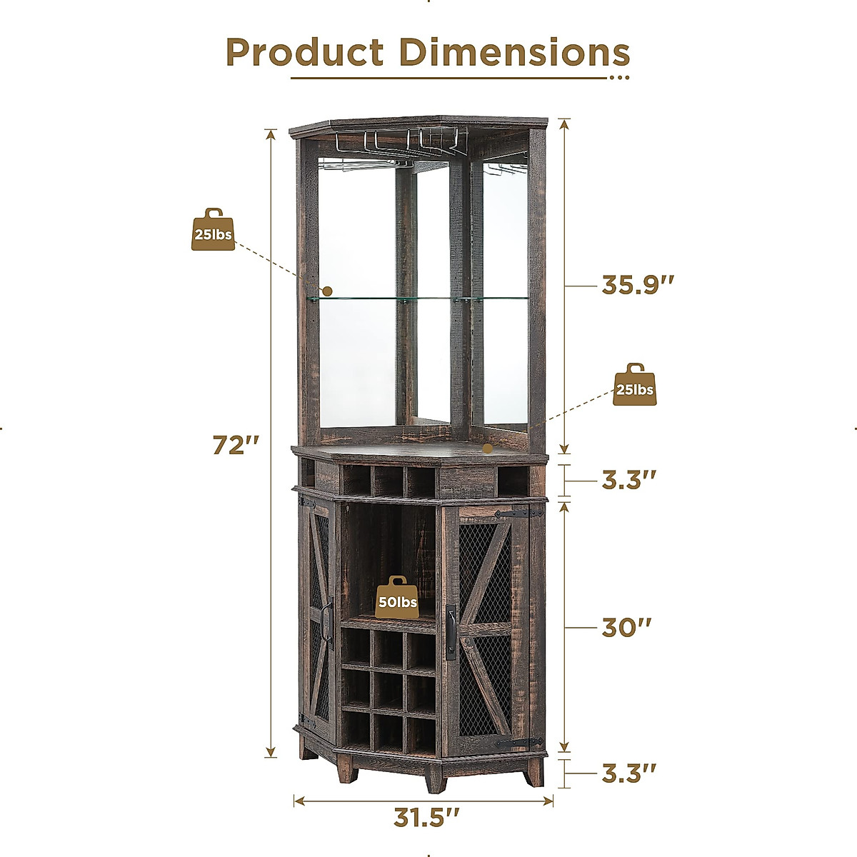 OKD Corner Bar Storage Cabinet, 72" Tall Farmhouse Wine Bar Cabinet w/Barn Door & Adjustable Shelf, Home Bar Cabinet w/LED Light & Glass Rack for Dining Room, Living Room, Kitchen, Dark Rustic Oak