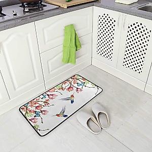 MOYYO Kitchen Mat Tropical Flower Butterfly Hummingbird Kitchen Rug Mat Anti-Fatigue Comfort Floor Mat Non Slip Oil Stain Resistant Easy to Clean Kitchen Rug Bath Rug Carpet for Indoor Outdoor Doormat
