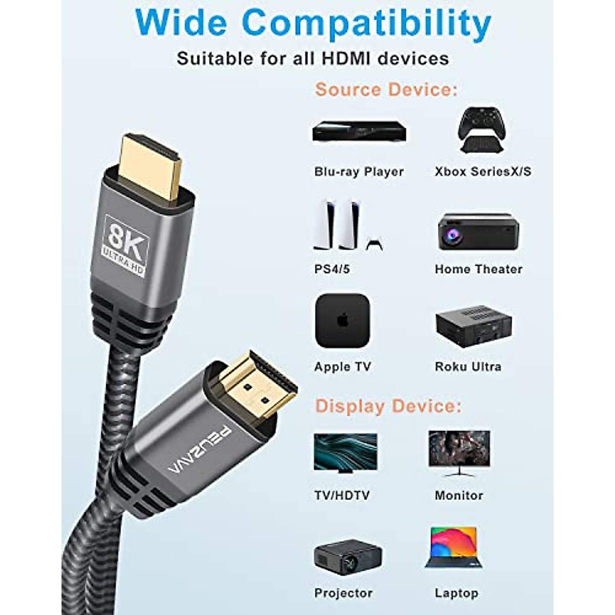 PEUZAVA 8K HDMI Cable 10ft, 48Gbps Ultra High Speed HDMI 2.1 Cord, 8K@60HZ 4K@120Hz eARC HDR10 HDCP 2.2&2.3 Dolby Compatible with PS5 PS4 Xbox Series X Switch Apple Samsung Sony LG Roku TV Blu-ray