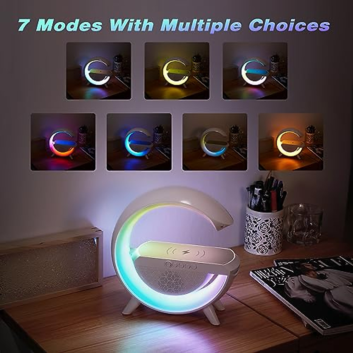 Delxo Wireless Bluetooth Speaker with Phone Charger,G Shape Bluetooth Speakers for Teen Adults Birthday Gift Ideas,Atmosphere Lamp Speaker with LED Night Lights for Bedroom,White