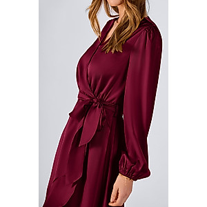 PRETTYGARDEN Women's Satin Fall Dress Semi Formal Satin Long Sleeve Wrap V Neck Ruffle Belted A-Line Flowy Maxi Dresses (Wine Red,Small)