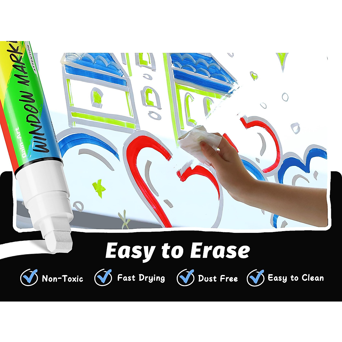 Gain-Art 8 Pack Windows Markers for Car, Glass, 3 in 1 Nib, Washable Liquid Chalk Paint Markers