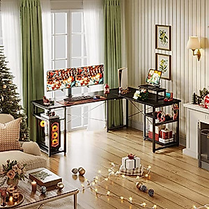 ODK 66" L Shaped Desk Computer Desk with Storage Shelves & PC Stand, Gaming Desk with Monitor Stand, Home Office Writing Desk, Modern Larger Wooden Desk, Black