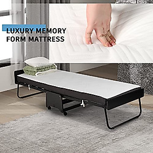 FUNKOCO Single Folding Bed with 4” Memory Foam Mattress for Adults,Portable Rollaway Cot Size Guest Bed with Sturdy Steel Frame on Wheels for Home & Office,78 x 30 Inch