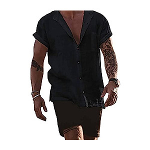 MBETA Cotton and Linen Solid Color Cardigan Loose Short Sleeve Shirt Suitable for Summer Menswear