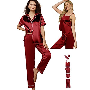 WJing Yi Jia 6Pcs Womens Silk Satin Pajama Sets Pj Sets Short Pjs Set Pajamas Sleepwear Camisole Sexy Cami Dusty Blue