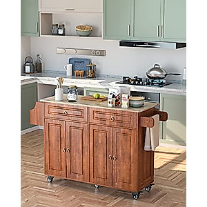 Qsun Kitchen Island with Drop Leaf and Storage, on Wheels Two Drawers, Large Storage Cabinet, Towel Rack Spice Cart Brown