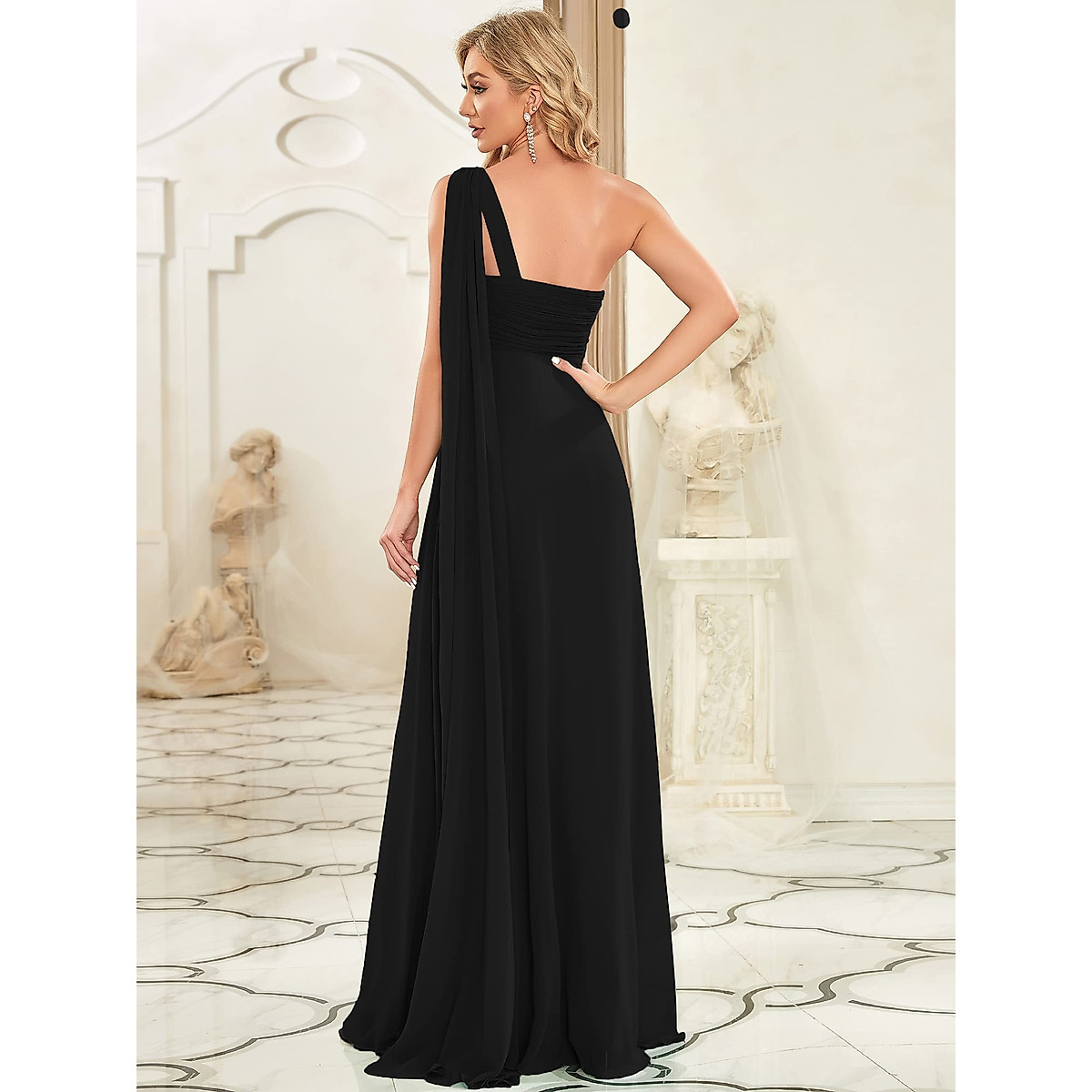 Ever-Pretty Women's Chiffon Bridesmaid Dress One-Shoulder Ruched Bust Long Flowy Formal Dresses Black US16