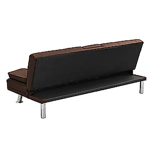 Eafurn Convertible Futon Bed with 2 Cup Holders, Modern Split-Back Folding Loveseat Sleeper w/Adjustable Backrest,Small Sofa & Couches Sofabed, Brown PU