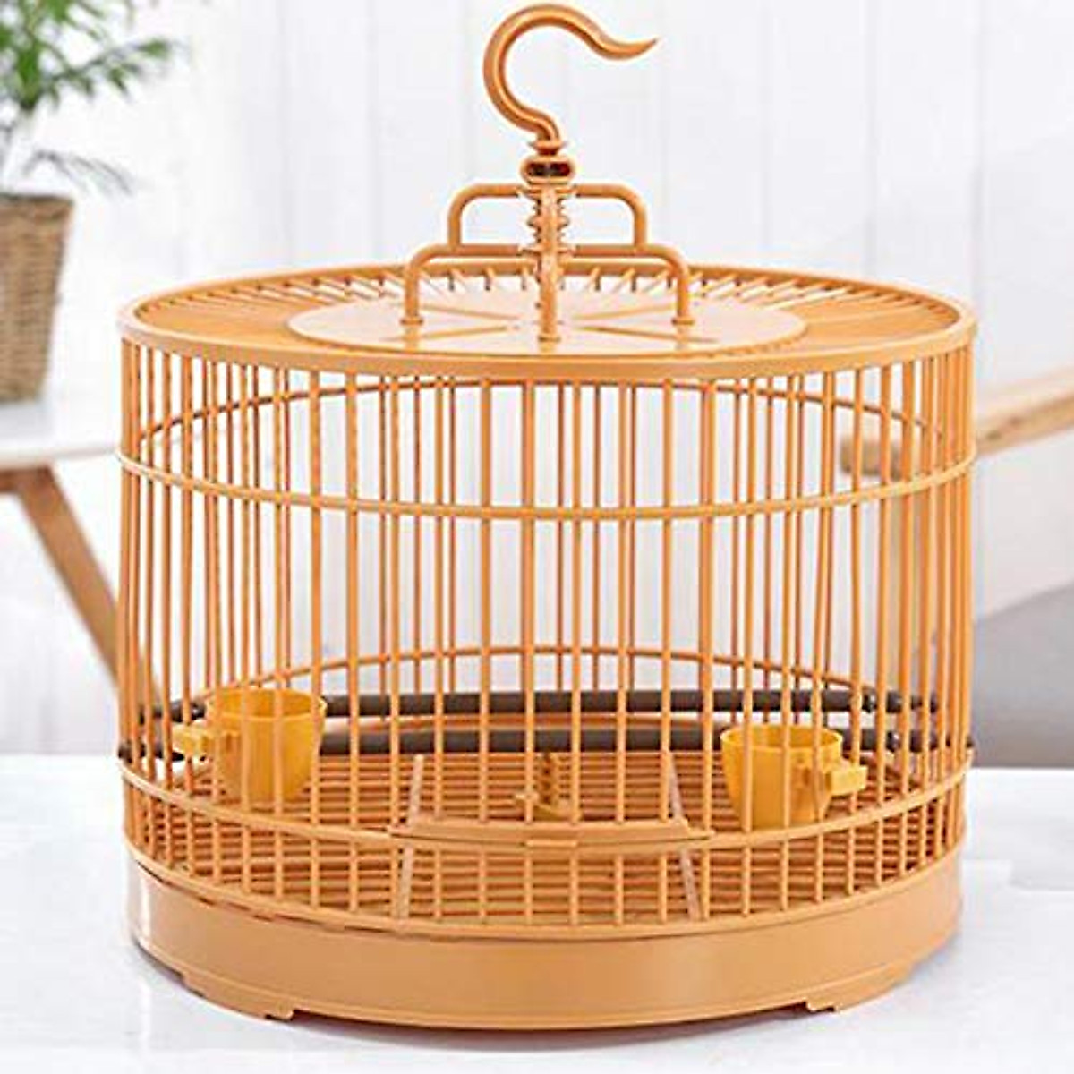 Round Bird Cage, Plastic Bird House Carrier, Vintage Style Hanging Bird Cage with 2 Feeding Cups for Small Birds Parrot (30cm in Diameter)