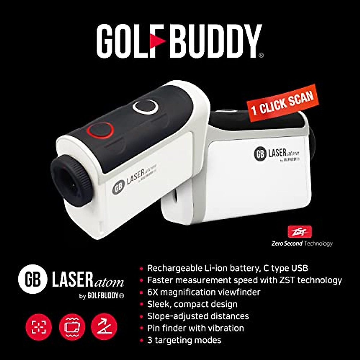 GOLFBUDDY Atom Golf Laser Rangefinder, Sleeker Compact Design, Luxurious Leather Magnetic Case, Pin Finder with Vibration, 880 Yard Range Finder, Slope Adjusted Distance (White)