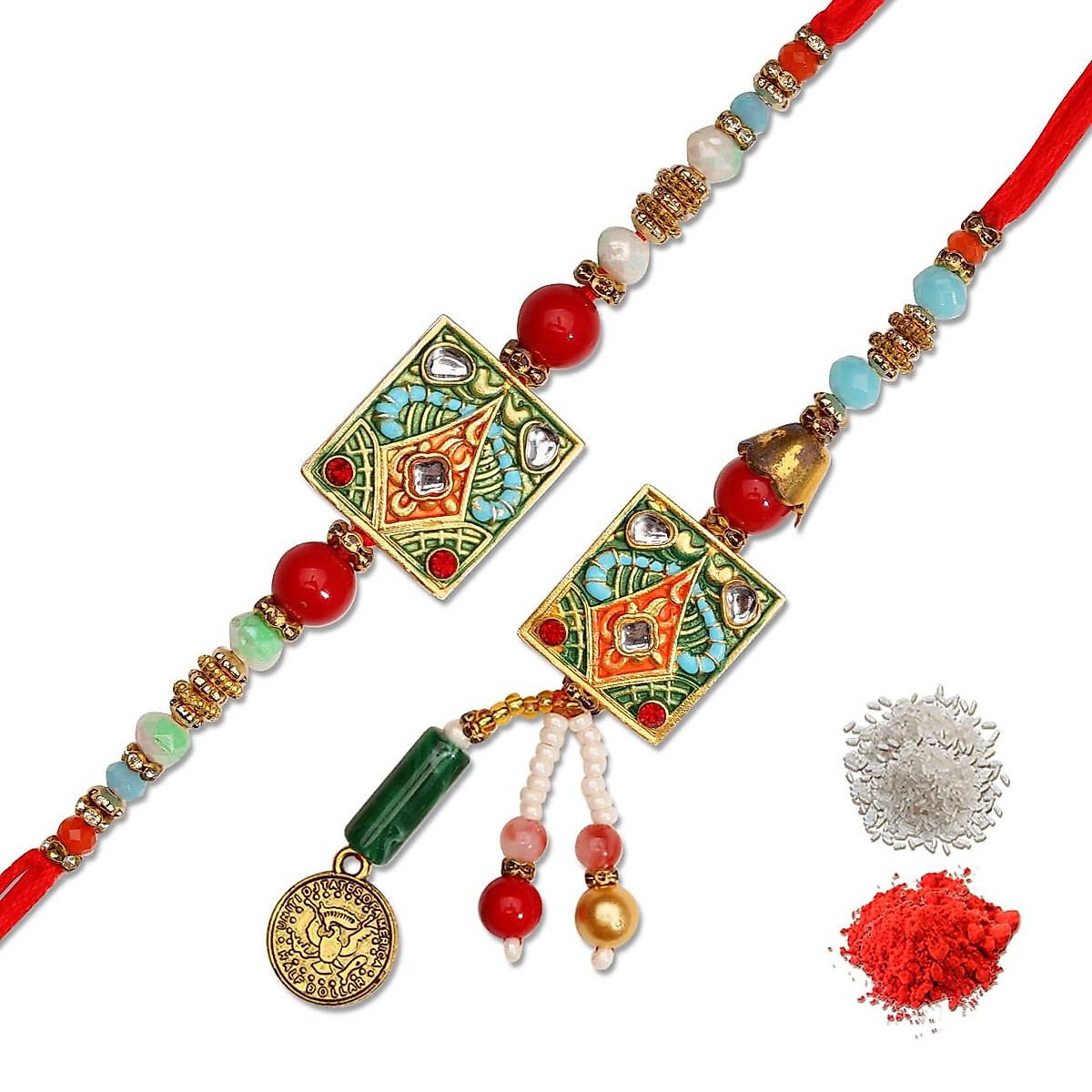 IndoTribe, Rakhi For Brother with Gift Set - Set of 2, Rakhi For Brother with Card, Roli Chawal | Rakhi for Brother and Bhabhi | Lumba Rakhi For Brother | Bhaiya Bhabhi Rakhi | Raksha Bandhan Rakhi