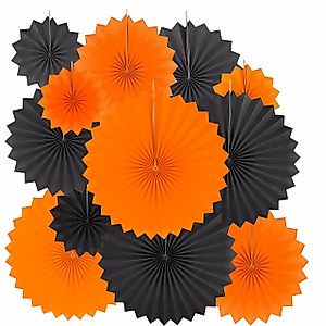 Black Orange Party Hanging Paper Fans Decorations - Halloween Birthday Baby Shower Graduation Wedding Carnival Party Ceiling Hangings Photo Booth Backdrops Decorations, 12pc