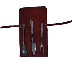 Viking Traders Hand-Forged Blacksmith Medieval Dining Hall Eating/Feasting Utensils set of 3 Piece Functional Fork Knife and Spoon Medieval Eating Set, with genuine leather pouch for easy carrying.