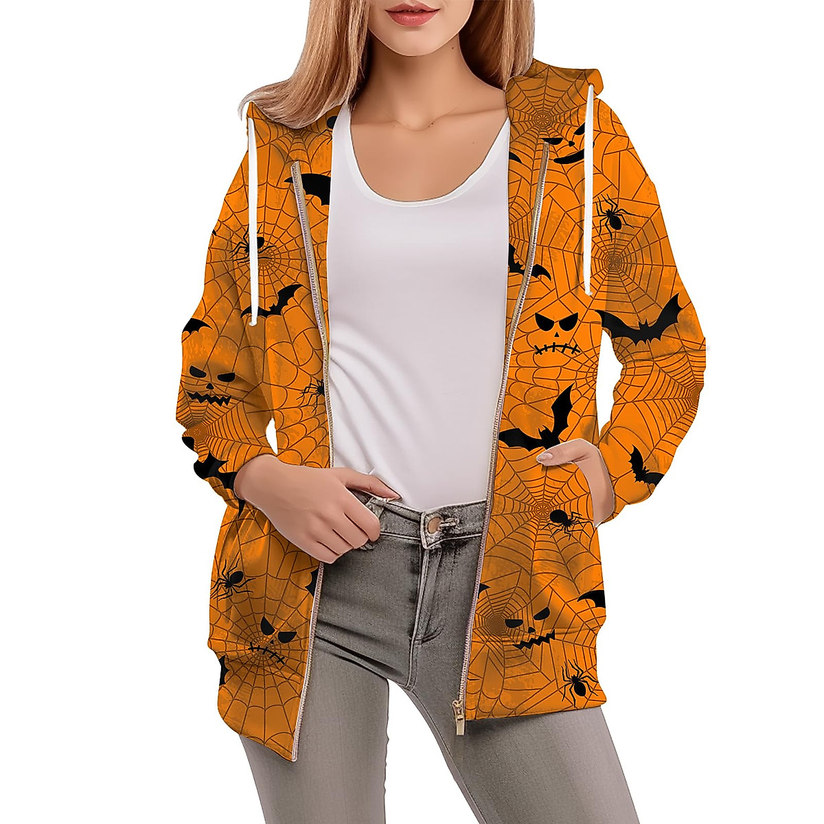 ADDARTS Cute Sweatshirts for Women Spider Bats 3D Printed Zip Up Hoodie Fall Jacket Funny Casual Drawstring Outfit L