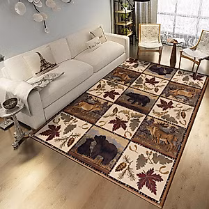 EXINBU Bear Deer Rug, Brown Cabin Area Rug, 5x7ft, Wild Animal Black Bear Moose Design Non-Slip Rug, Natural Plant Maple Leaf Pine Cone Printed Floor Mat for Living Room Bedroom Dining Room
