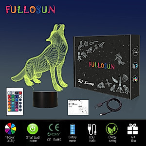 FULLOSUN Wolf Gift 3D Light, Optical Illusion Bedside Night Lamp, 16 Color Changing with Remote Control Creative Room Decor Best Birthday for Kids Boys Men