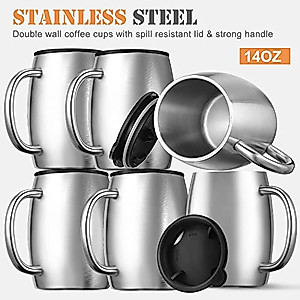 14 oz Insulated Stainless Steel Coffee Mug Spillproof with Lid Double Wall Travel Coffee Mug with Handle Shatterproof Metal Coffee Cups for Camping Outdoor Hot Tea Beer Cold Drink (Silver, 6 Pack)