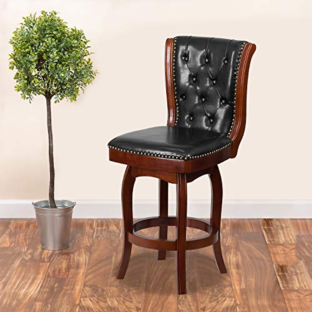 Flash Furniture 26'' High Cherry Wood Counter Height Stool with Button Tufted Back and Black LeatherSoft Swivel Seat