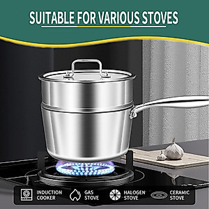 DELARLO Kitchen Tri-Ply Stainless 3-Quart Steamer Set With Glass Lid,with Ergonomic Handle, Multipurpose Sauce Pan, Sauce Pot，oven safe