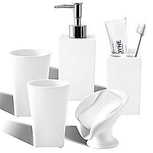 White Bathroom Accessories Set, 5Pcs Resin Bathroom Sets with Soap Dispenser Brush Holder Soap Dish and 2 Tumblers for Bathroom Restroom Apartment Home Decor