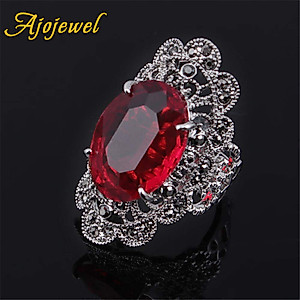 Ajojewel Big Oval Crystal Red Rings For Women Hollow Out Flower Design Finger Jewelry Vintage Anel (Red, 9)