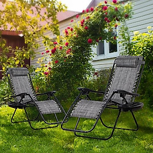 Nazhura Set of 2 Relaxing Recliners Patio Chairs Adjustable Steel Mesh Zero Gravity Lounge Chair Beach Chairs with Pillow and Cup Holder(Grey)