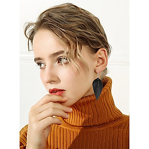 CHUNYANAN Boho Elegant Lightweight Black Genuine Real Leather Geometric Dangle Drop Earrings for Women Petal Leaf Feather Teardrop Earrings Jewelry Gift (Black Genuine Real Leather)