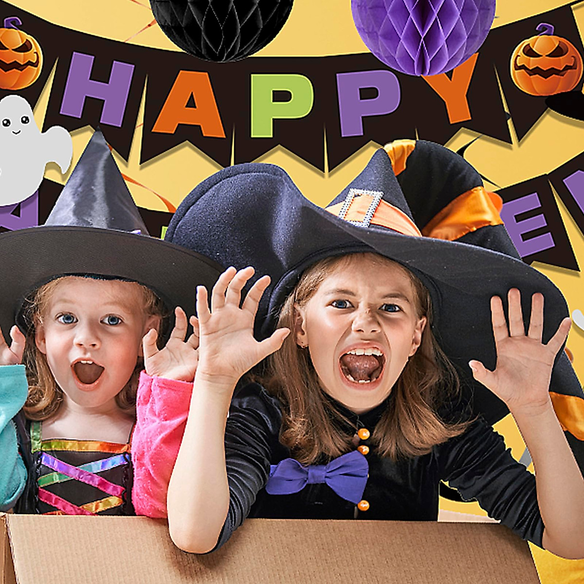 meowtastic Happy Halloween Banner Decorations - Halloween Banner with Honeycomb Ball, Halloween Hanging Swirl Streamer, Circle Dot Garland Decorations for Halloween theme Party Decorations