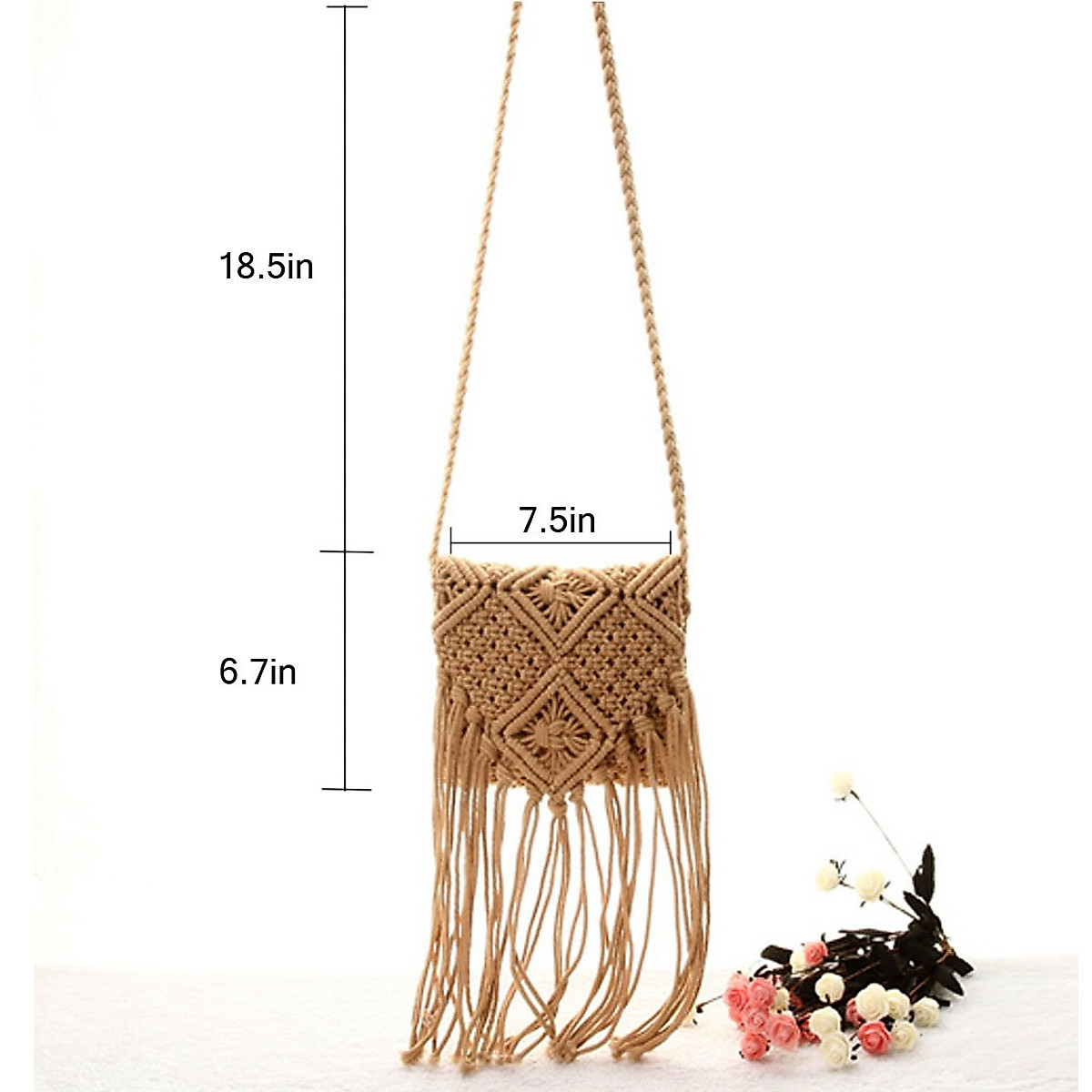 Goclothod Women Crochet Fringed Shoulder Bag Cotton Tassel Crossbody Bag Hippie Beach Purse