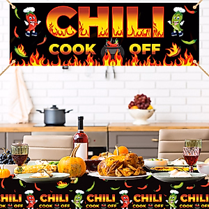 Tkifoda Chili Cook Off Decorations, 71" x 24" Chili Cook Off Banner, 3 Pcs Chili Pepper Plastic Tablecloth Table Cover 53" x 108", Mexican Fiesta Chili Cooking Party Supplies